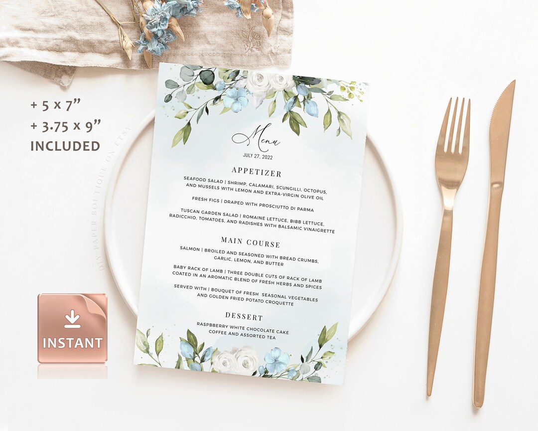 SALMA - Light Blue Menu Cards Template, Eucalyptus Greenery Dusty Blue ...