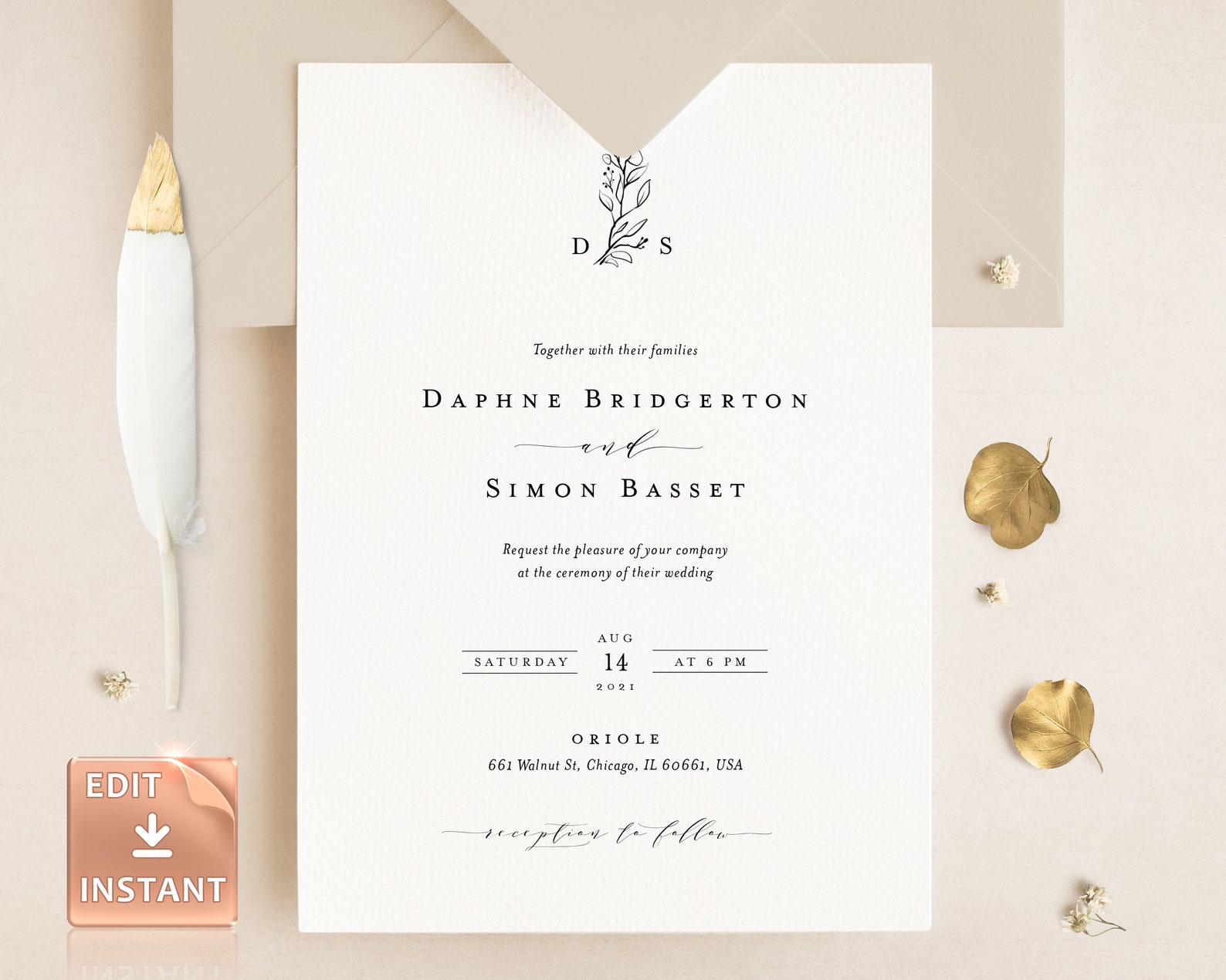 ELLE Monogram Wedding Invitation Template, Delicate Elegant Printable ...