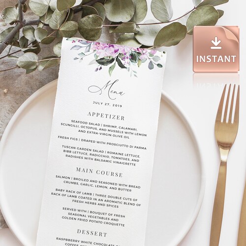 Lavender Menu Template wedding Bridal Shower Dinner - Etsy