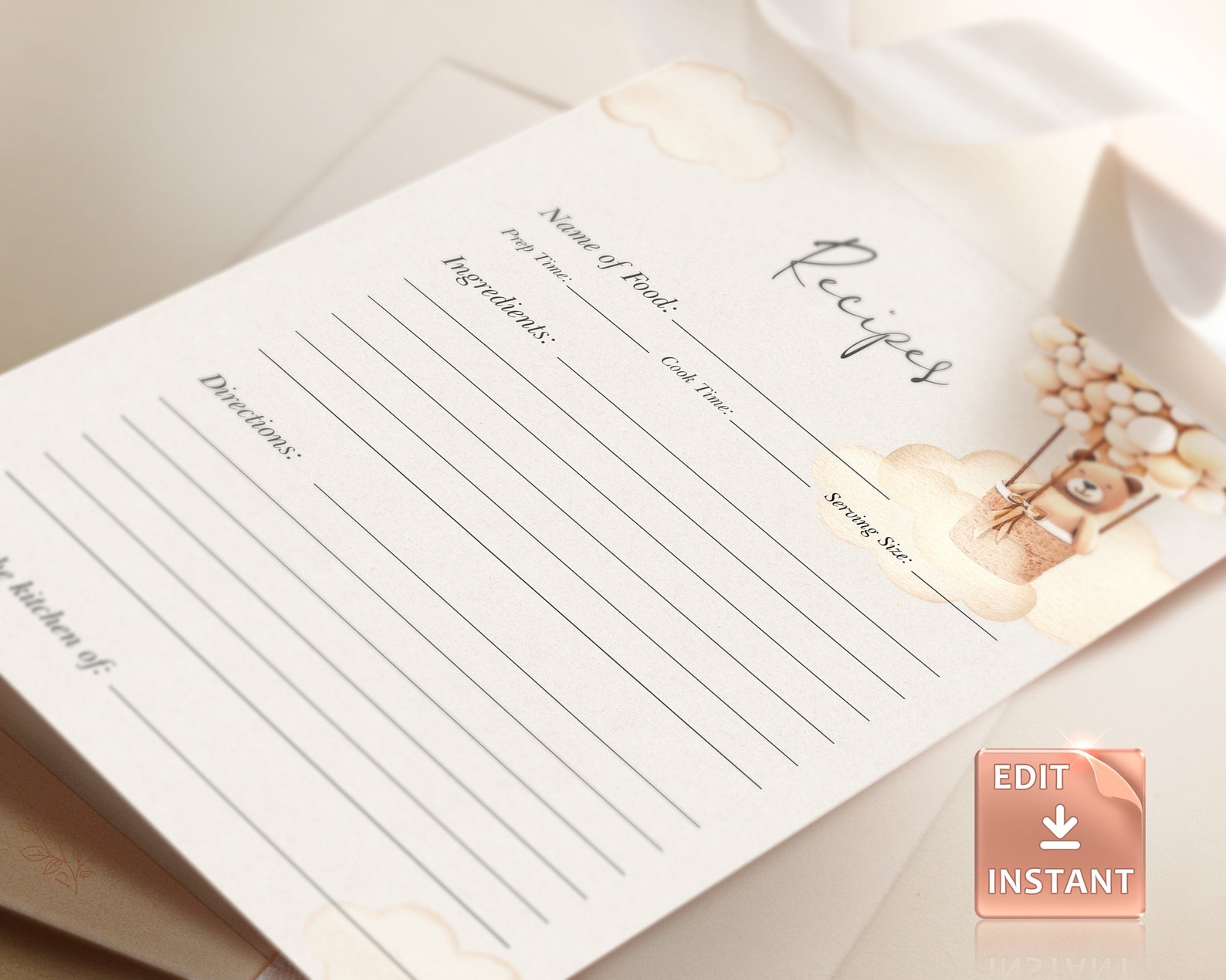 Teddy Bear Recipe Card Boho Recipe Request Insert Instant | Etsy