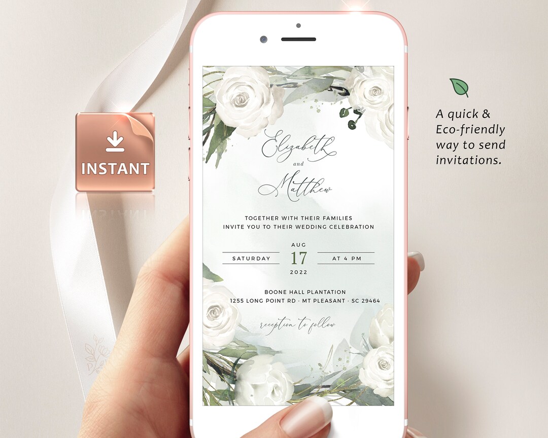 NEVE - White Roses Evite, Smartphone Electronic Invitation, Greenery ...