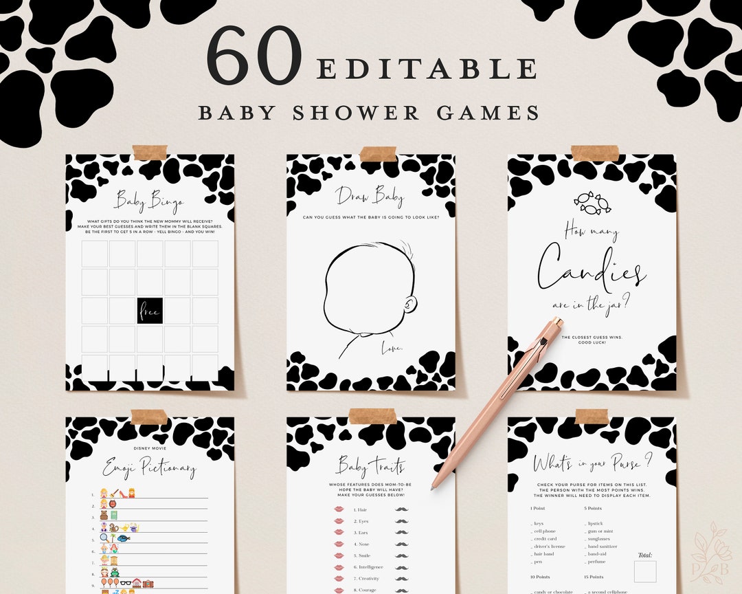Cow Print Baby Shower Games Editable Pack Farm Animal Themed ...