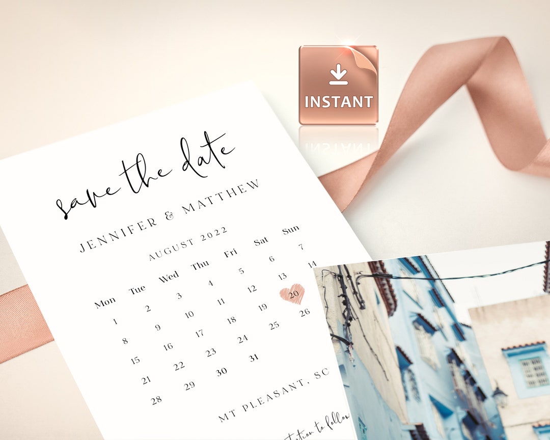 Modern Calendar Save the Date Template: Minimalist Printable (7x5 Inch ...