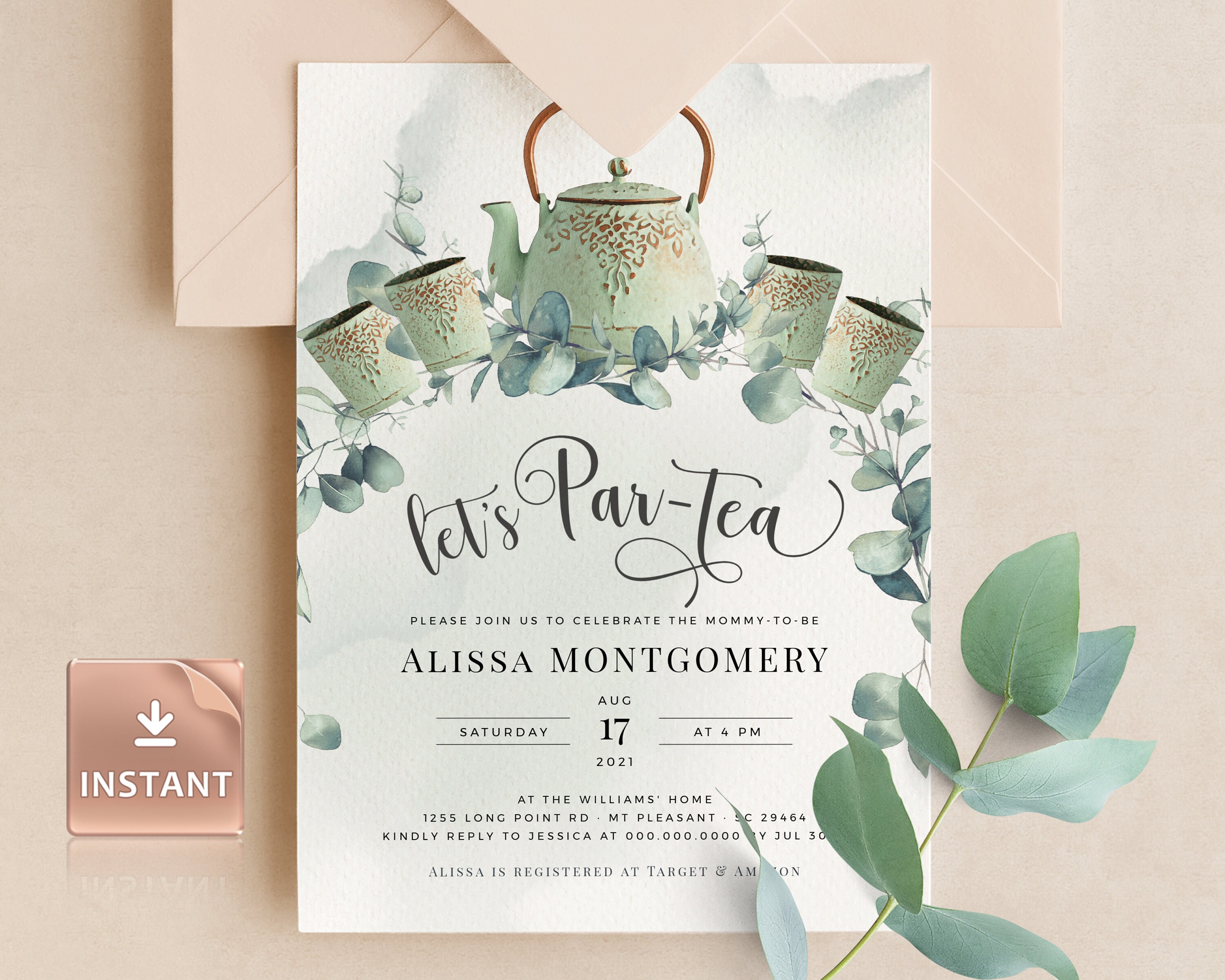 PARTEA Tea Party Invitation Bundle Tepot Cups Greenery Baby | Etsy