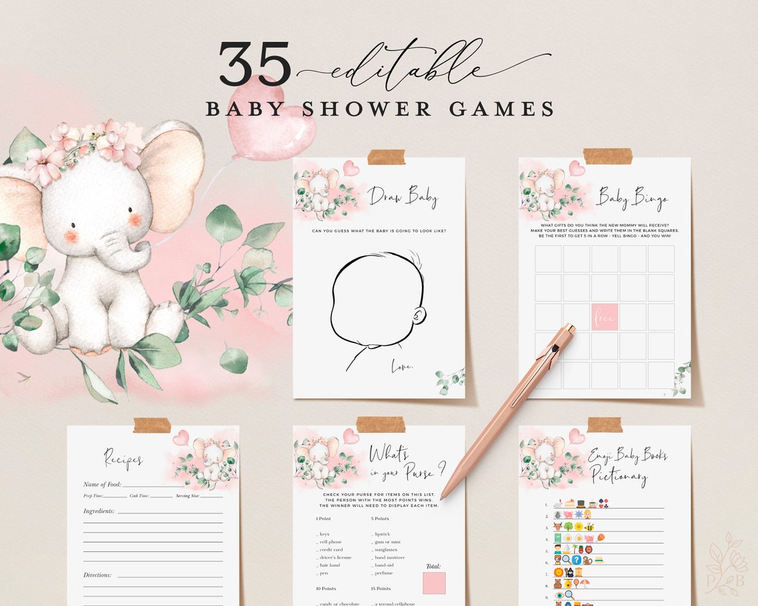 JOY - 35 Pink Girl Baby Shower Games, Editable Cute Elephant Baby ...