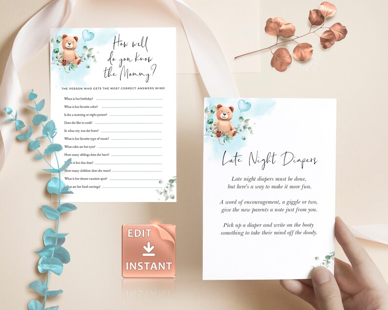 FUZZY Blue Bear Baby Shower Games 35 Editable Baby Shower - Etsy