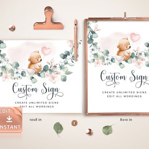 Booboo Printable Bear Sign for Girl Baby Showers, Custom Sign, Editable ...