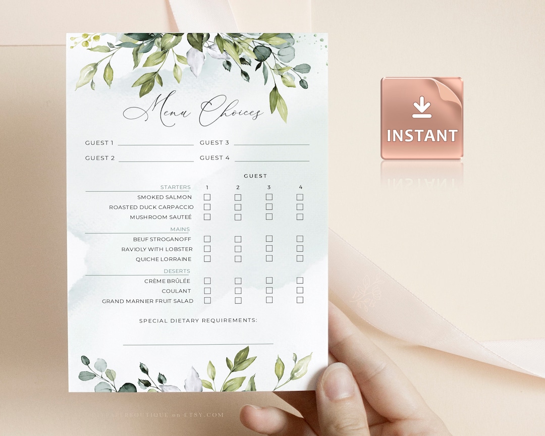 REESE - Menu Choices Card, Wedding Meal Choice Card, Customizable Menu ...