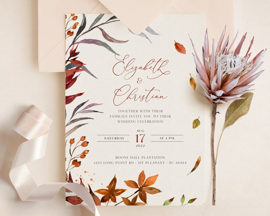 SIENNA - Rustic Fall Wedding Invitation Template, Autumn Leaves and ...