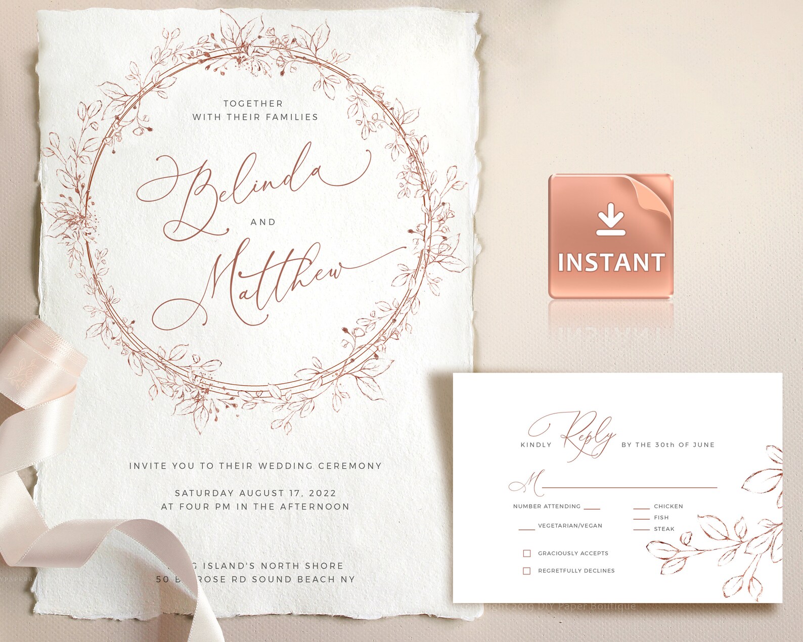 SIRI Rose Gold Wedding Invitation Templates Boho Rosegold - Etsy