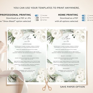 NEVE - White Roses Printable Menu Card, Greenery Wedding Menus ...