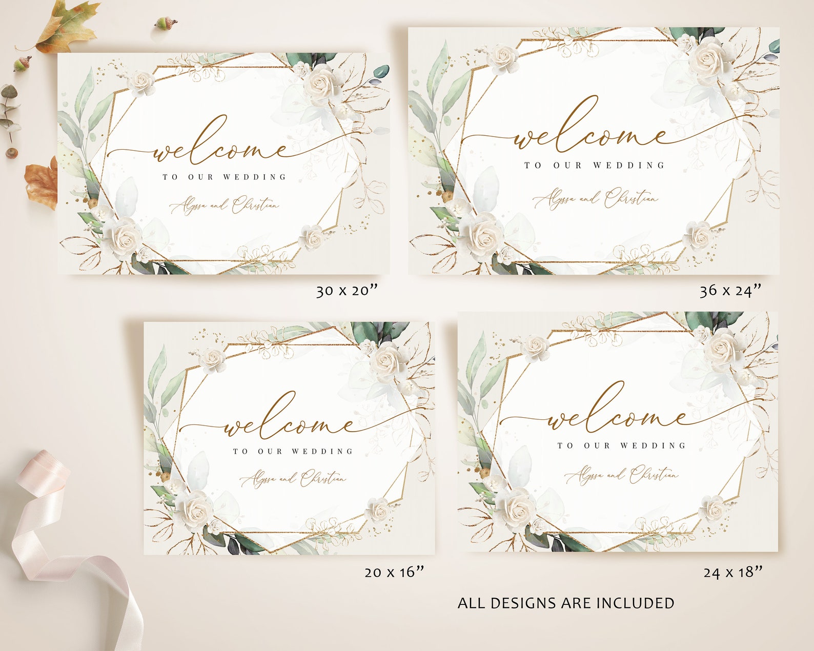 MARCI Wedding Welcome Sign White Roses Geometric Faux Gold | Etsy