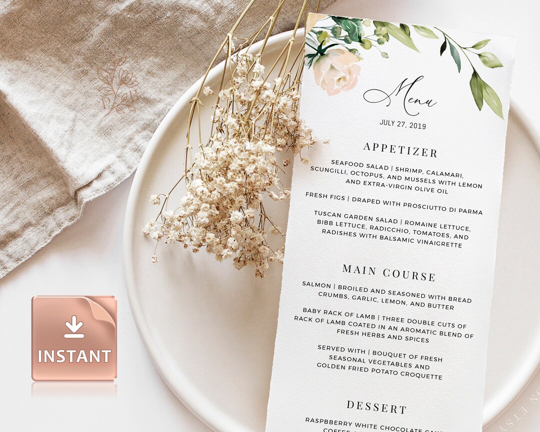 NEVE - White Rose Menu Card, Printable Greenery Wedding Menus, Bridal ...
