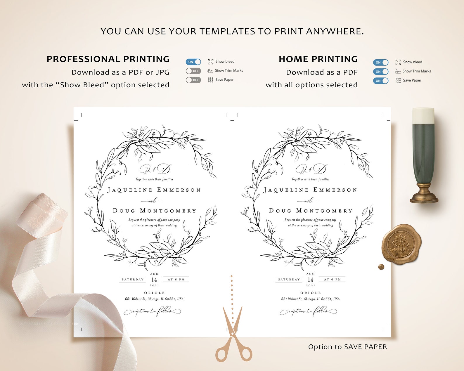 ELLE Monogram Wedding Invitation Template, Simple Elegant Printable ...