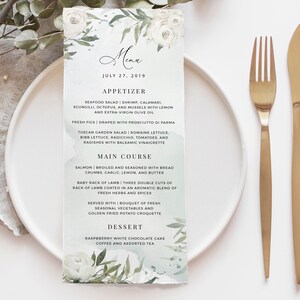 NEVE - White Roses Printable Menu Card, Greenery Wedding Menus ...