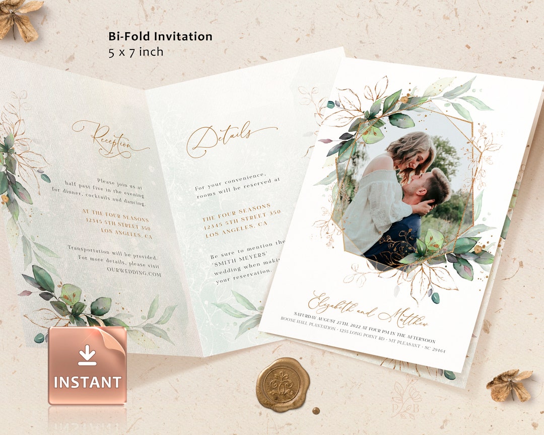 Floral Photo Wedding Invitation – Folded Bi-fold Template (digital ...