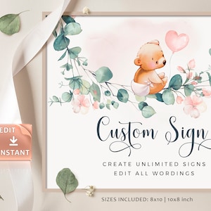 Booboo Printable Bear Sign for Girl Baby Showers, Custom Sign, Editable ...