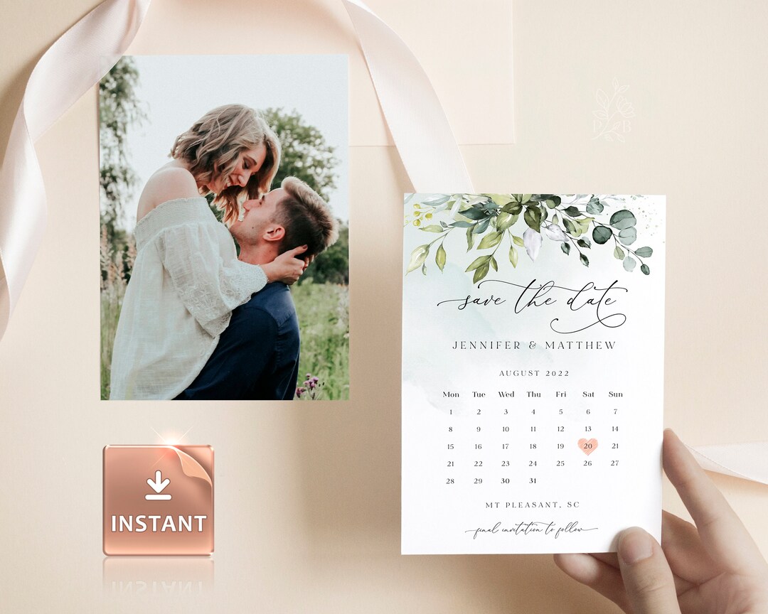 Greenery Calendar Save the Date Template: Modern Printable (digital ...