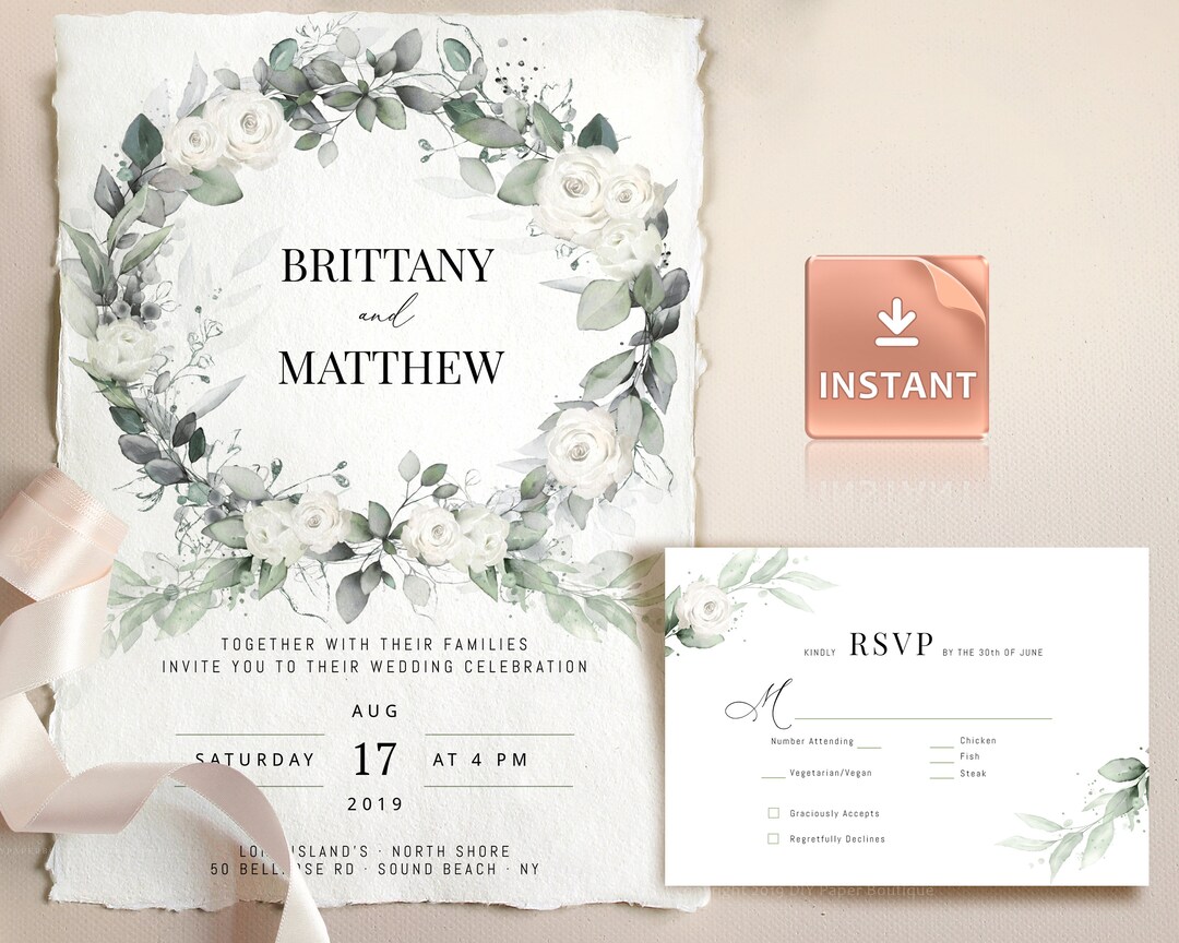 White Roses Wedding Invitation Template: Greenery Eucalyptus (digital ...
