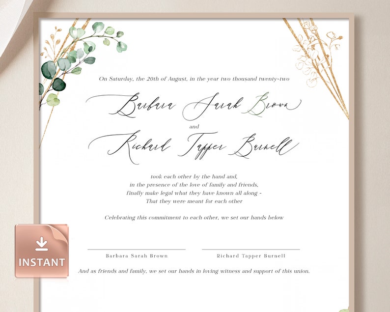 ELISA Calligraphy Greenery Marriage Certificate Template - Etsy