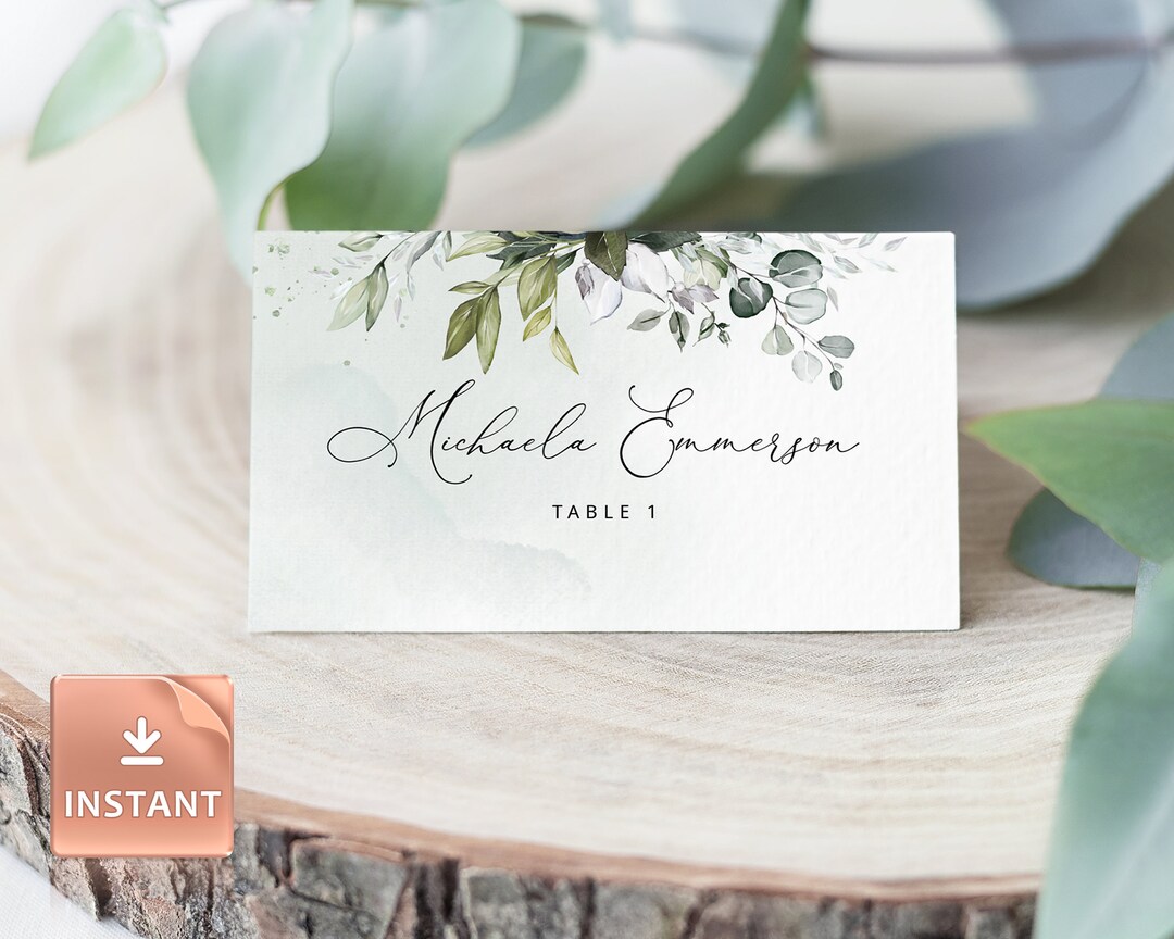Eucalyptus Wedding Name Cards: Watercolor Greenery, Editable Template ...