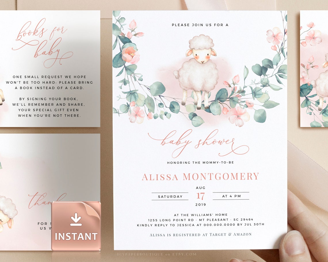 SNOWY Pink Sheep Baby Shower Invitation Girl Sheep Baby | Etsy