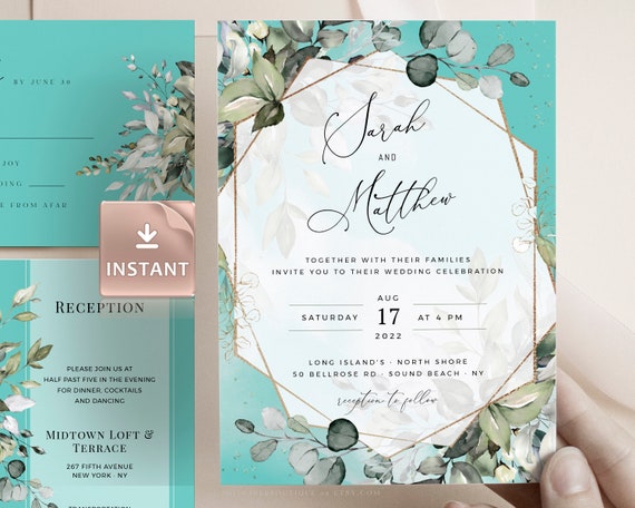Turquoise Wedding Invitation Template Printable Wedding | Etsy
