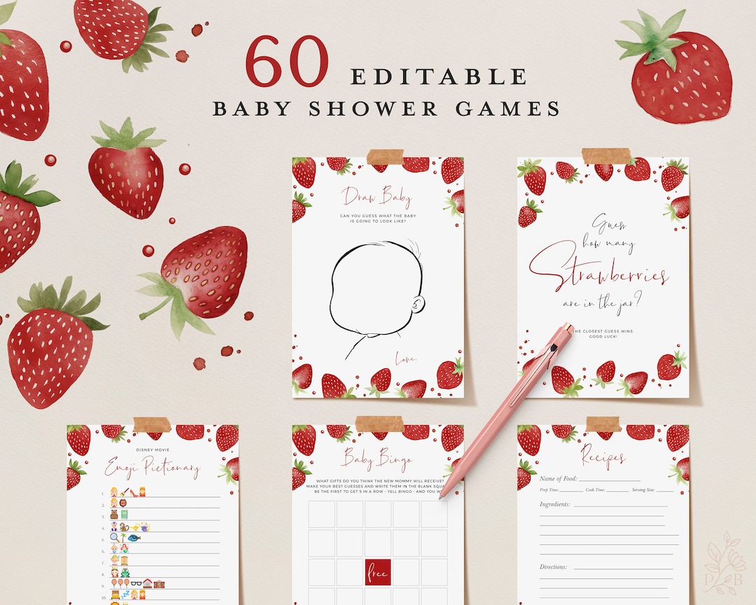 Strawberry Themed Baby Shower Games Set Fun & Creative Berry Design ...