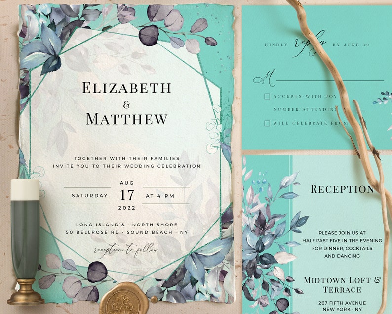 Turquoise Wedding Invitation Template Printable Wedding - Etsy