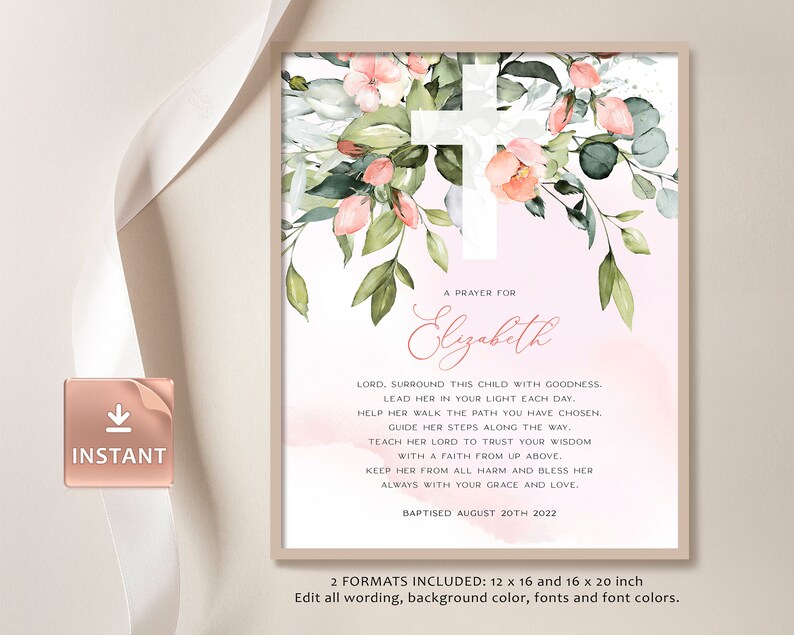Personalized Baptism Prayer Sign: Pink Floral Christening Gift ...
