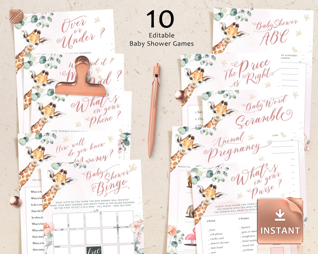 GIO - Pink Giraffe Baby Shower Games, Editable Games Bundle, Download ...