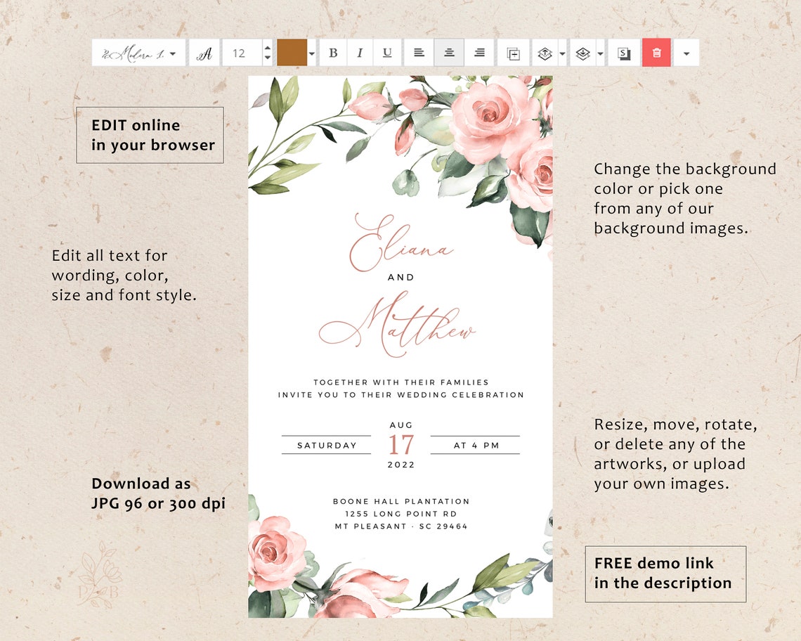 MIU Red Roses Electronic Invitation Smartphone Evite Blush | Etsy