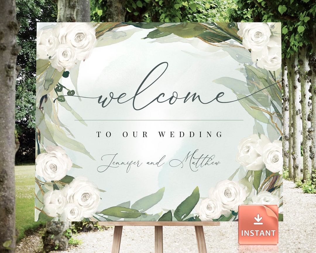 NEVE - White Roses Wedding Welcome Sign, Custom Greenery Welcome to Our ...
