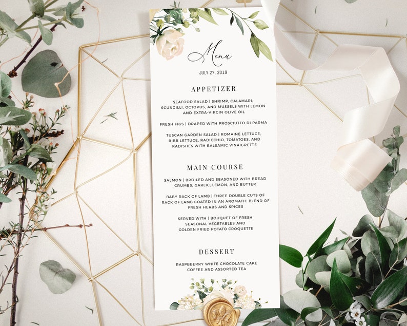 NEVE White Rose Menu Card Printable Greenery Wedding Menus - Etsy