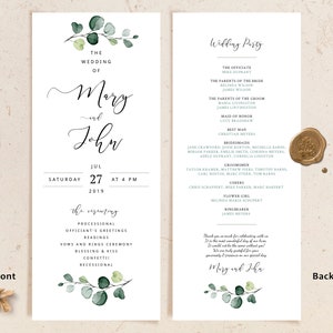 Minimalist Boho Wedding Programs Template, Watercolor Eucalyptus ...