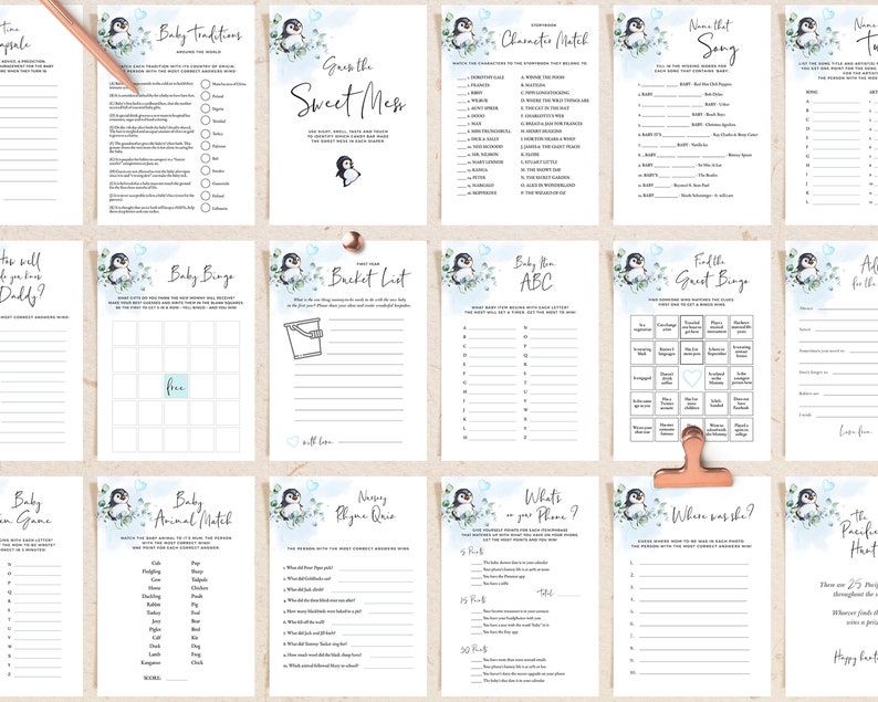 Blue Penguin Baby Shower Games Bundle: 60 Printable Cards (editable) - Etsy