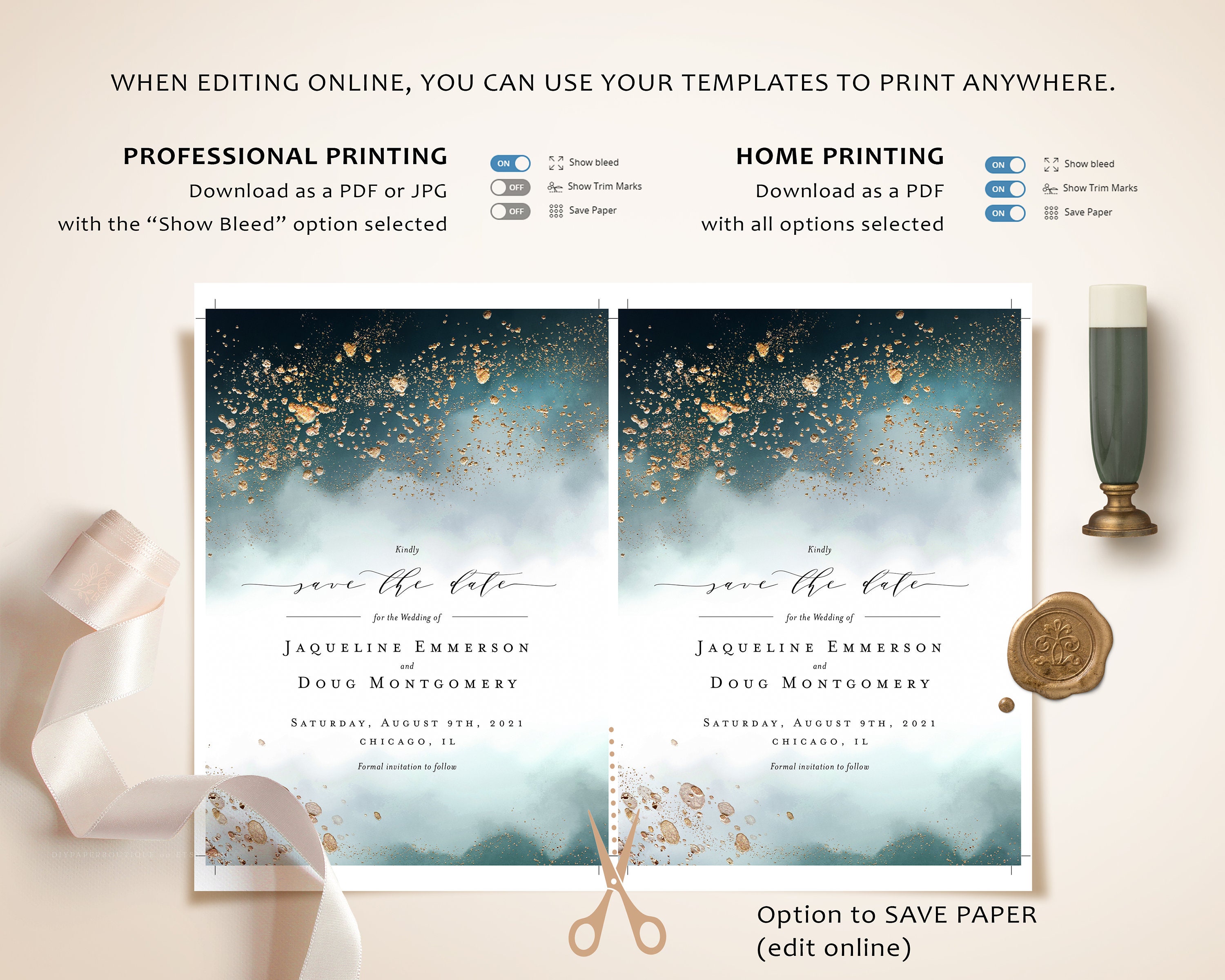 Blue and Gold Save the Date Card Printable Watercolor Faux - Etsy UK