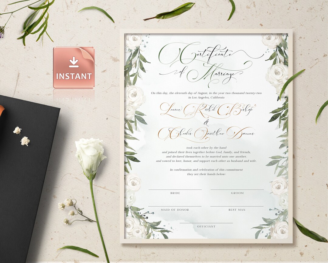 White Roses Marriage Certificate Template: Elegant Script (wedding ...