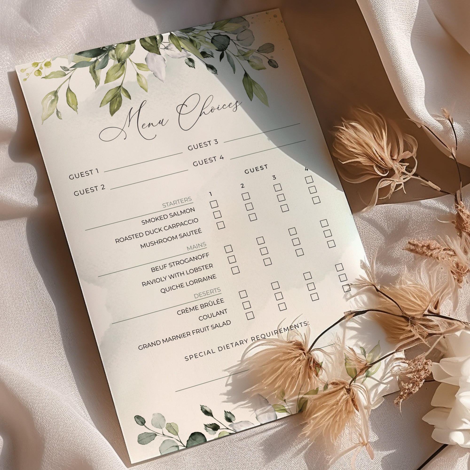 Wedding Menu Choices Card Template: Printable Dinner Menu (instant ...