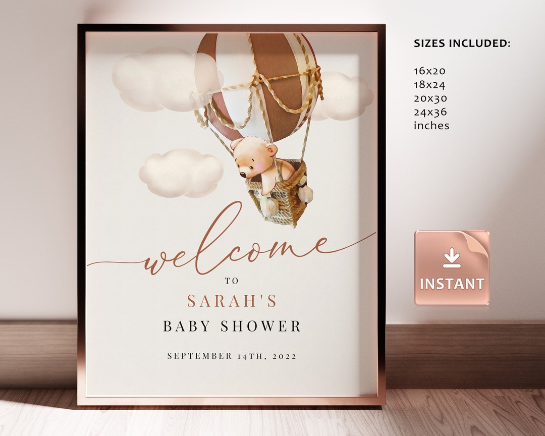 PEW Bear Hot-air Balloon Welcome Sign, Gender Neutral Baby Shower Sign ...