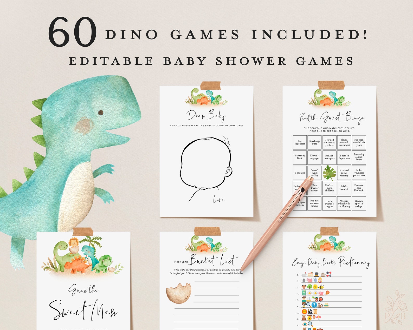 Dinosaur 60 Baby Shower Games Editable Dino Baby Shower Games - Etsy