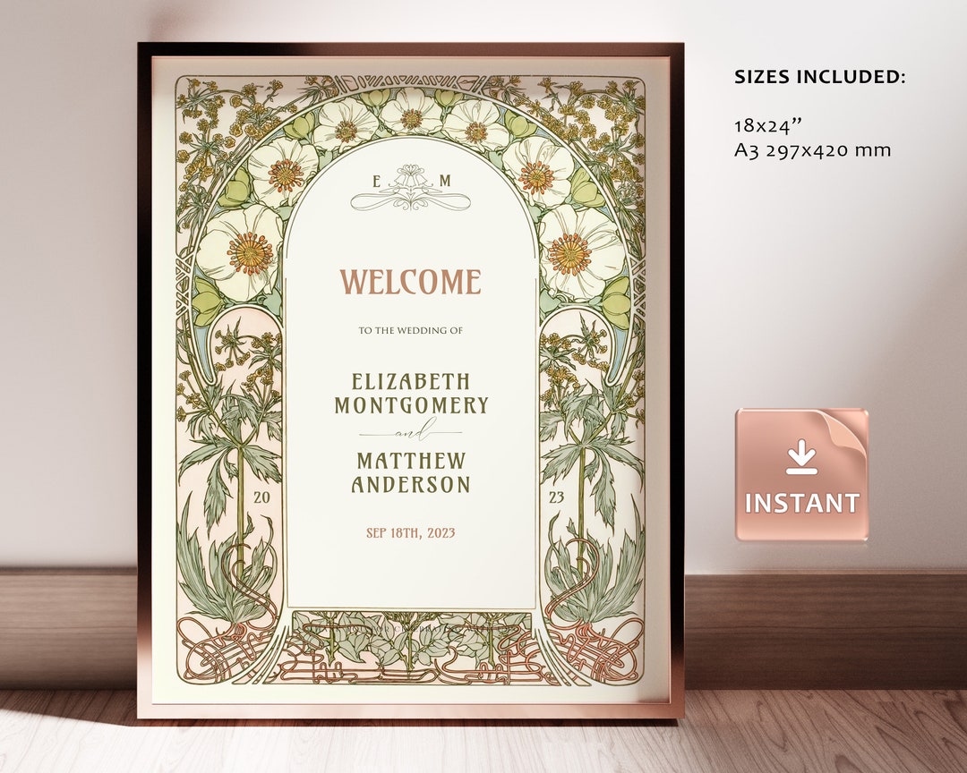 Magnolia Wedding Welcome Sign: Art Nouveau Mucha Template (editable) - Etsy