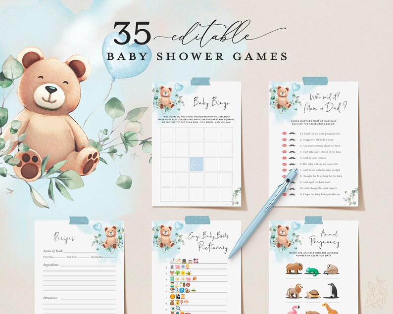 FUZZY Blue Bear Baby Shower Games 35 Editable Baby Shower - Etsy