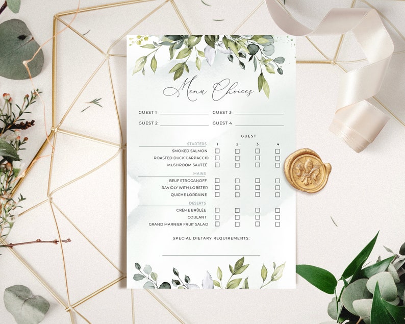 Wedding Menu Choices Card Template: Printable Dinner Menu (instant ...