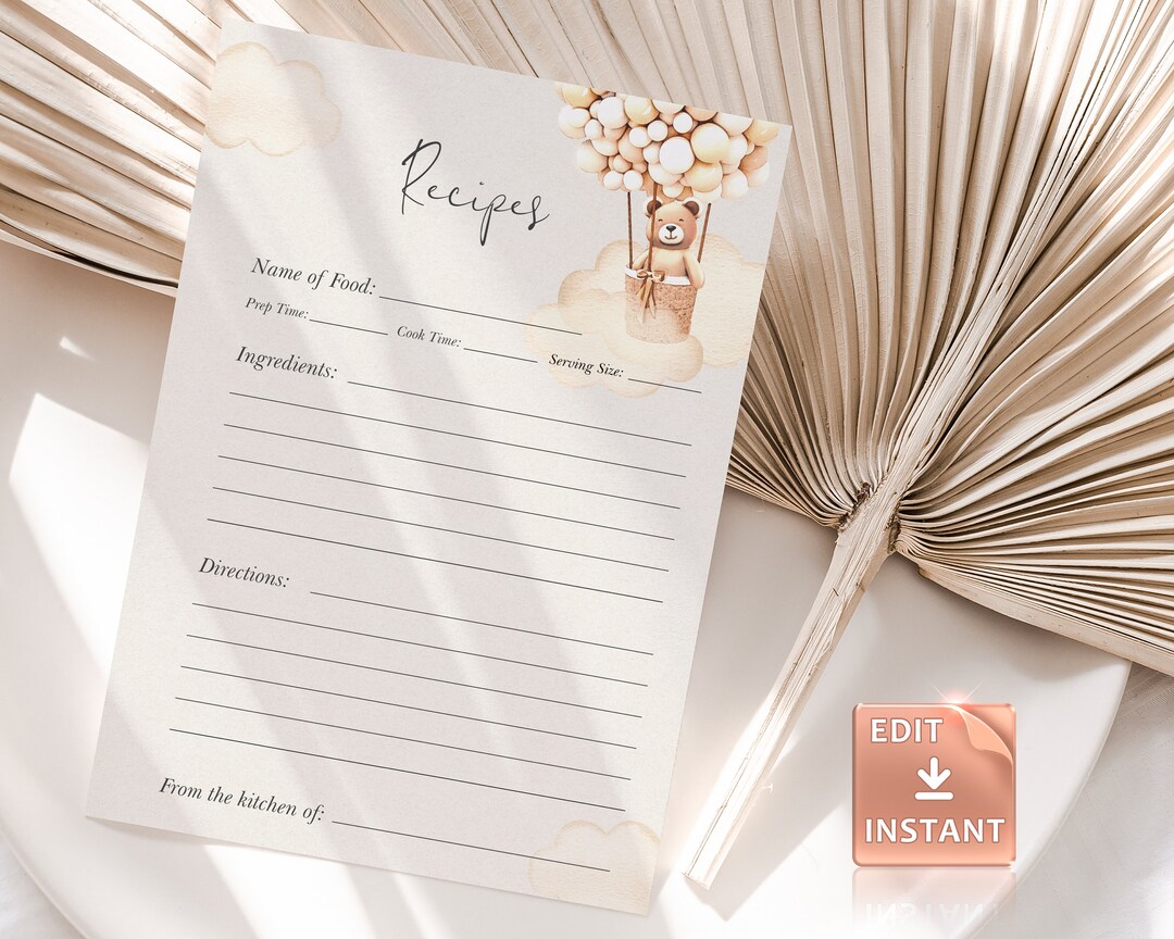 Teddy Bear Recipe Card, Boho Recipe Request Insert, Instant Download ...