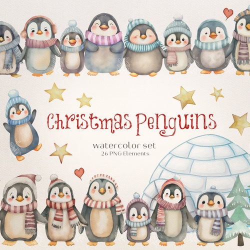Penguin Clipart Penguin PNG Watercolor Clipart Winter Happy - Etsy