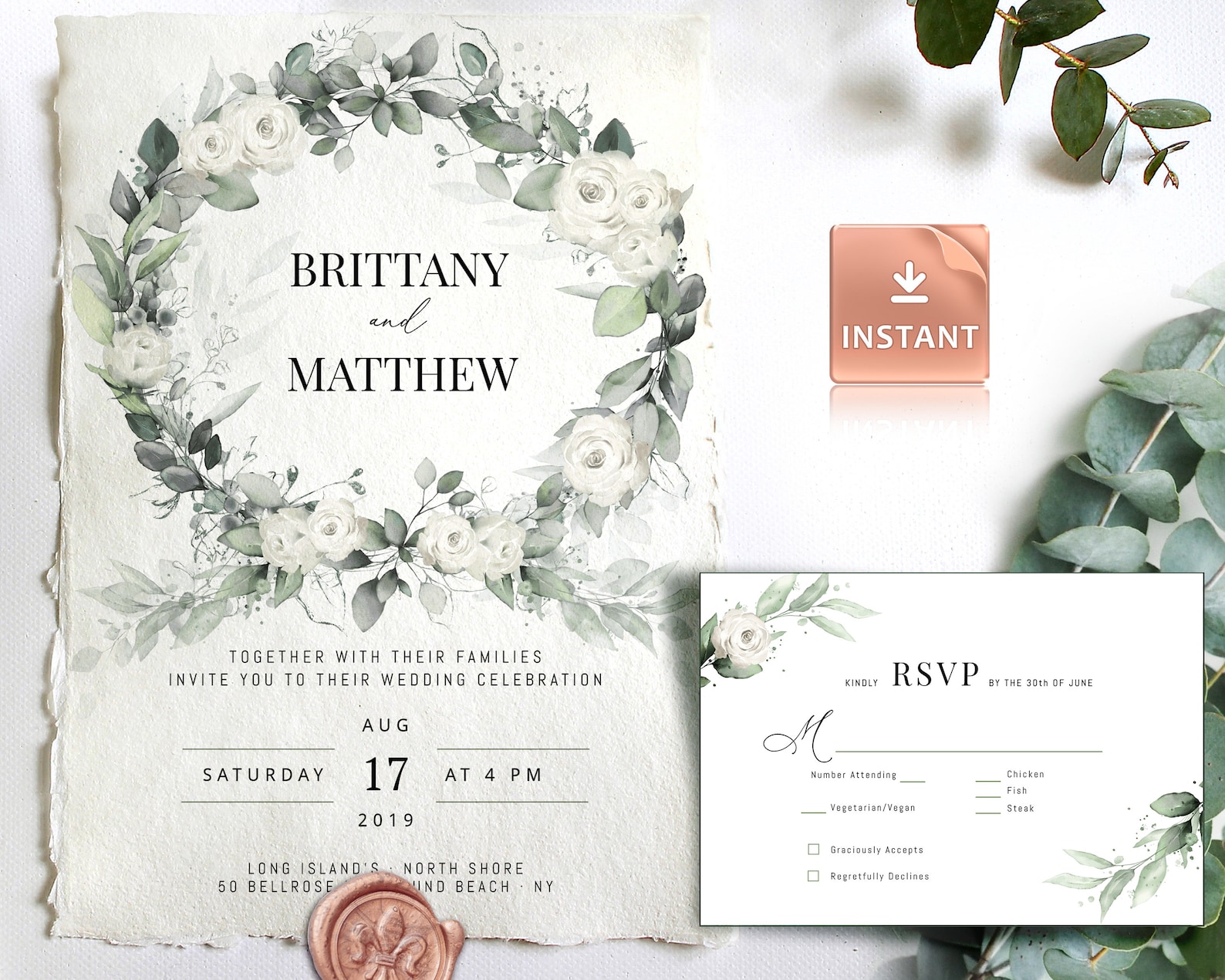 White Roses Wedding Invitation Template Set With White - Etsy