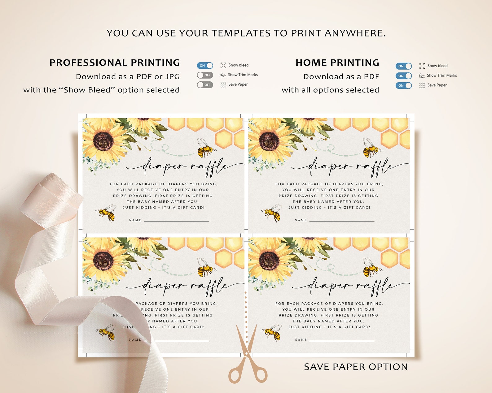 Editable Sunflower Honey Bee Diaper Raffle Ticket Bumble Bee - Etsy