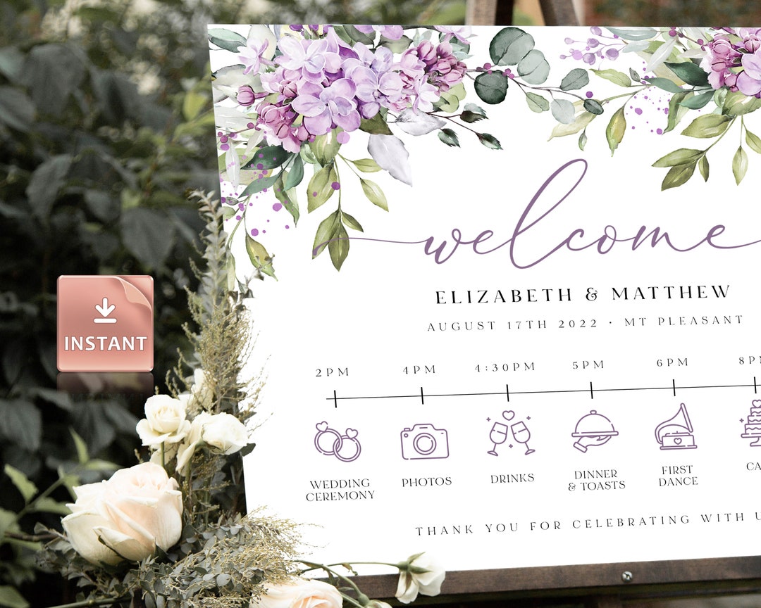 Lilac Floral Wedding Welcome Sign: Custom Pink & Purple (digital ...
