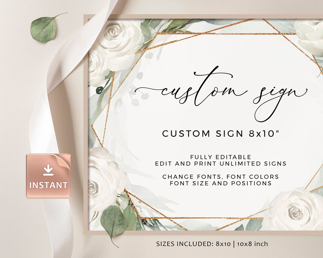 NEVE - White Rose Geometric Wedding Sign, Editable Custom Sign Template ...